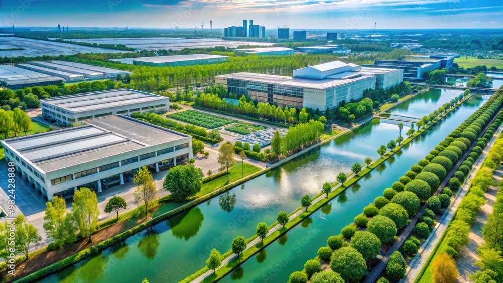 Modern factories and warehouses surrounded by lush greenery and serene ...