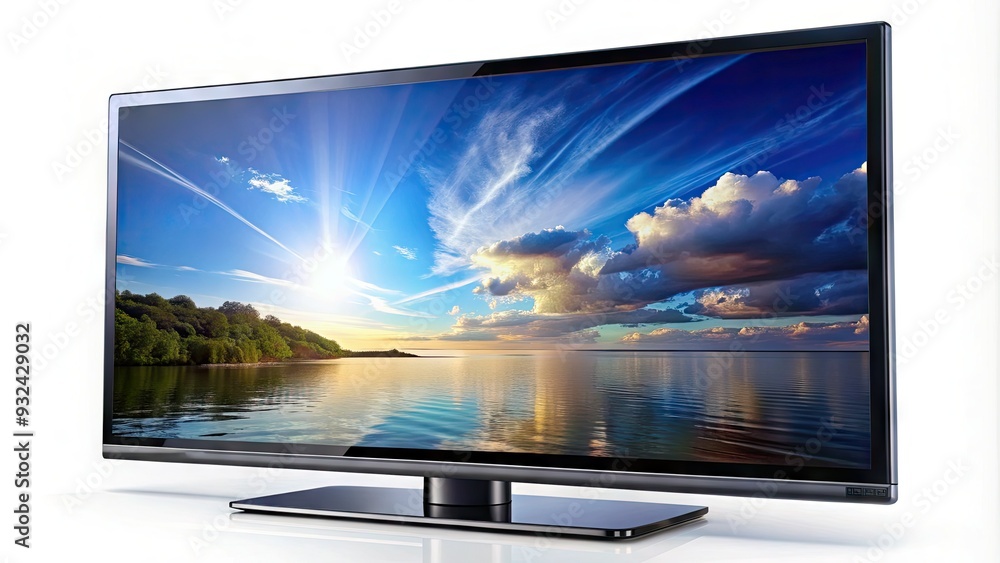 Modern flat-screen television set isolated on a pure white background, featuring a sleek design ...