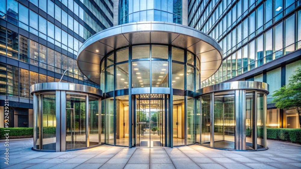 Modern glass and steel high-rise corporate office building entrance ...