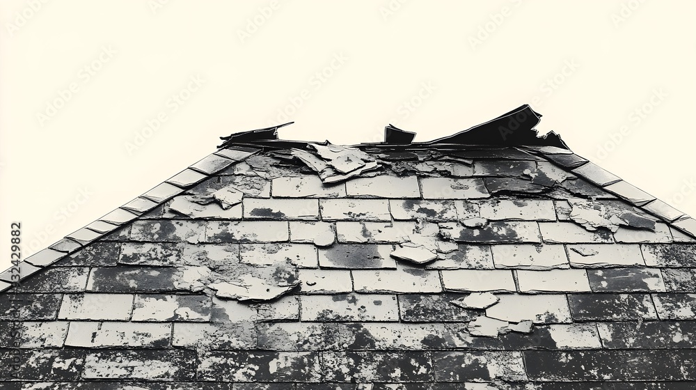 Hail-damaged roof with missing shingles and exposed underlayment ...