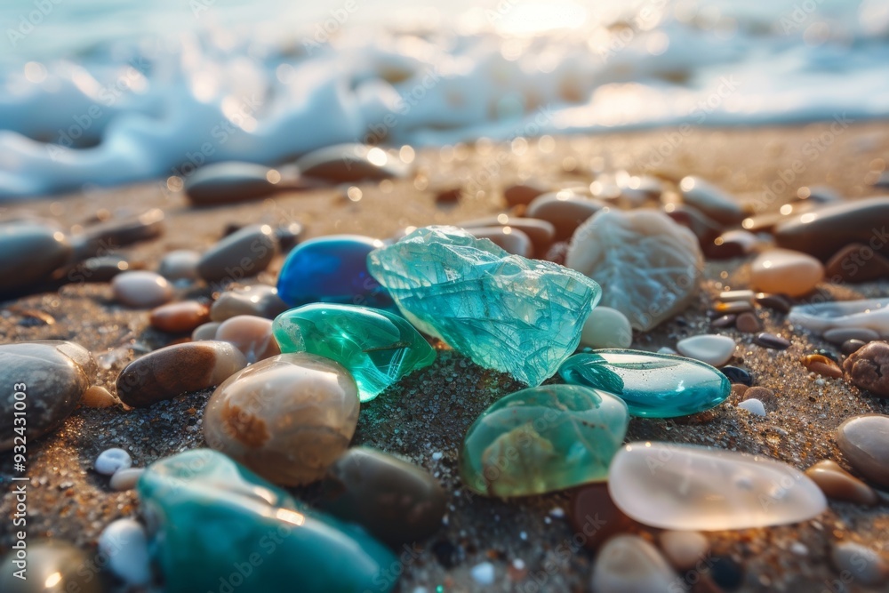 Colorful gemstones on a beach polish textured sea glass and stones on ...