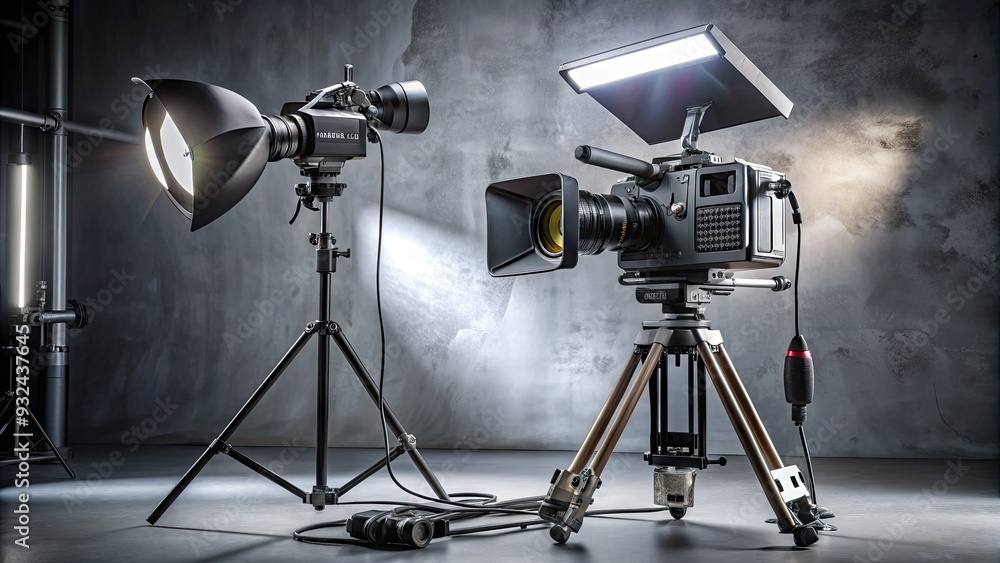 Modern professional video production setup with camera, microphone ...