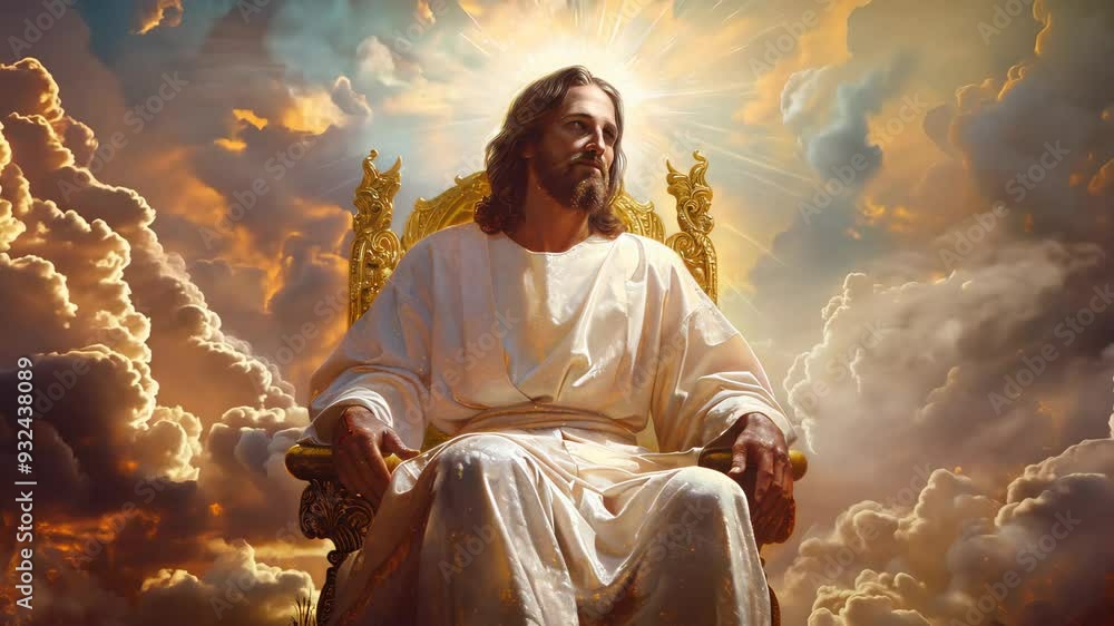 Jesus Christ sitting on the throne in heaven in divinity light and ...