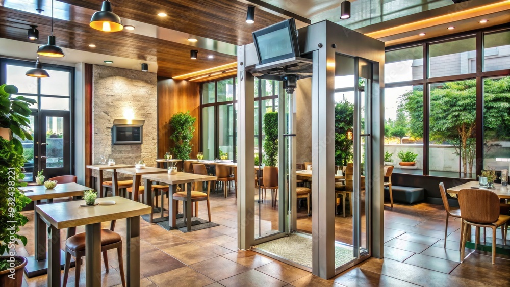 Modern restaurant's secure entrance with metal detector, surveillance ...