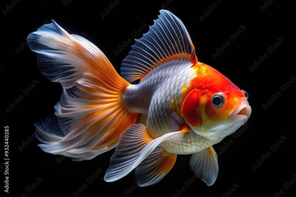 Oranda goldfish with vibrant scales and flowing fins isolated on a dark ...