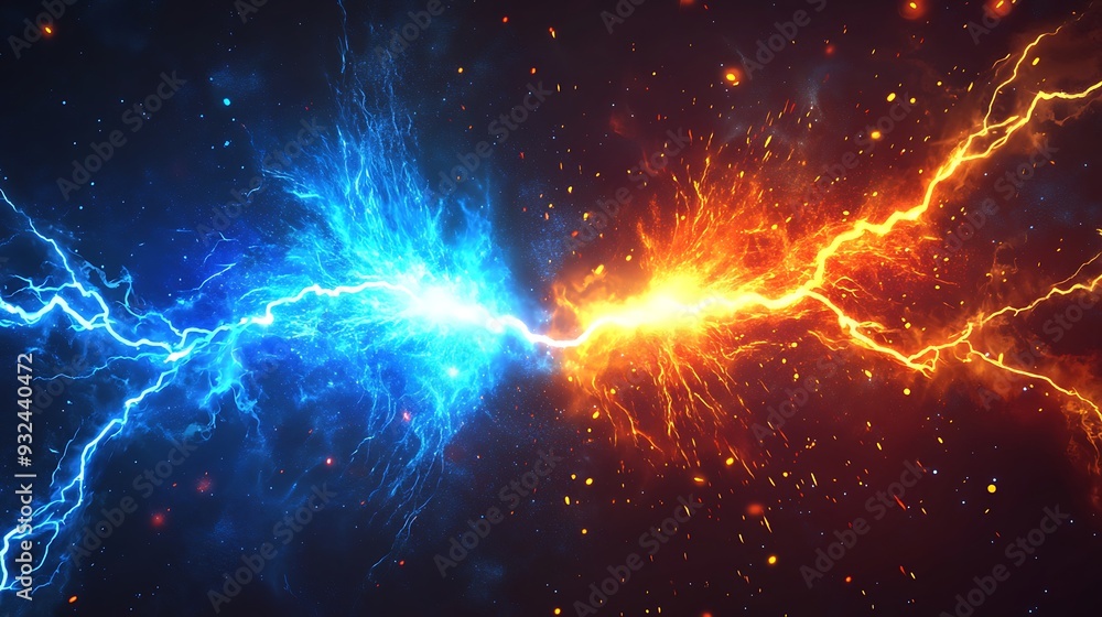 Abstract background with blue and orange lightning bolts clashing in ...