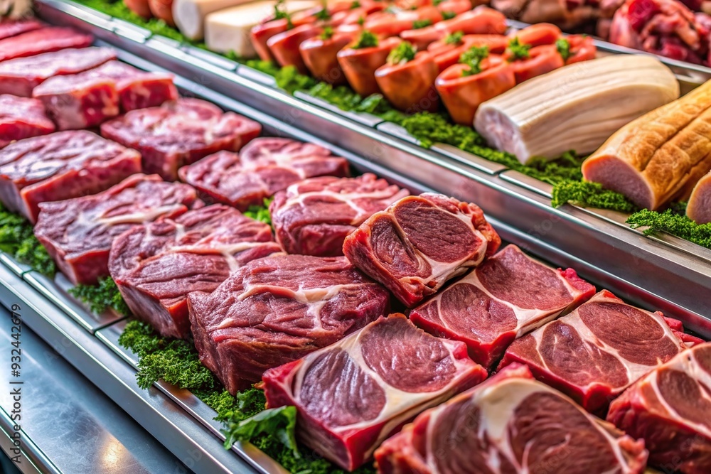 beef, cuts, tilted angle,raw meat, butcher, A close up photo of various ...