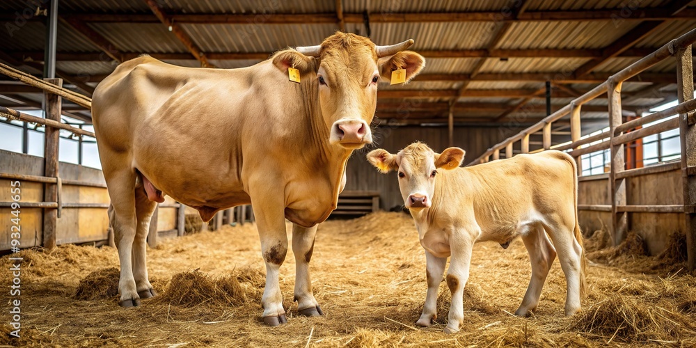little calf, adorable, tilted angle, rustic, hay, Beige cow and its ...