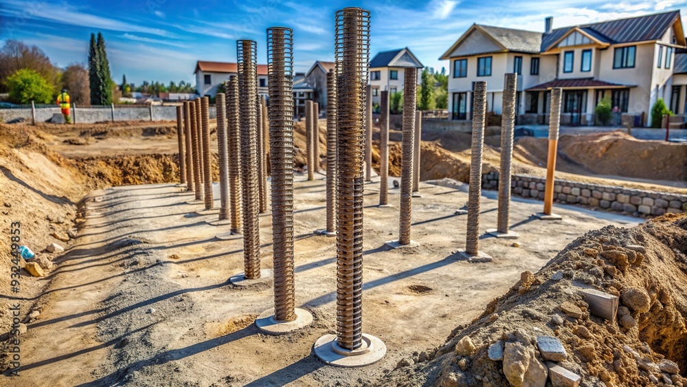 Iron pile screw foundation for a house in a suburban area with a ...