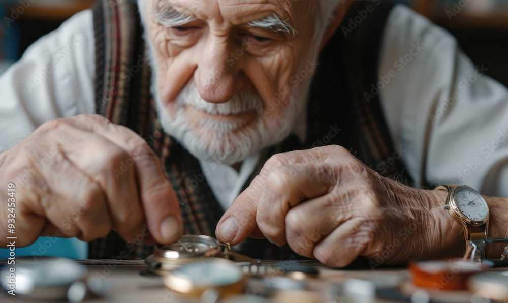 Elderly Male Watchmaker Adjusting Gears in Vintage Watch at Cluttered ...
