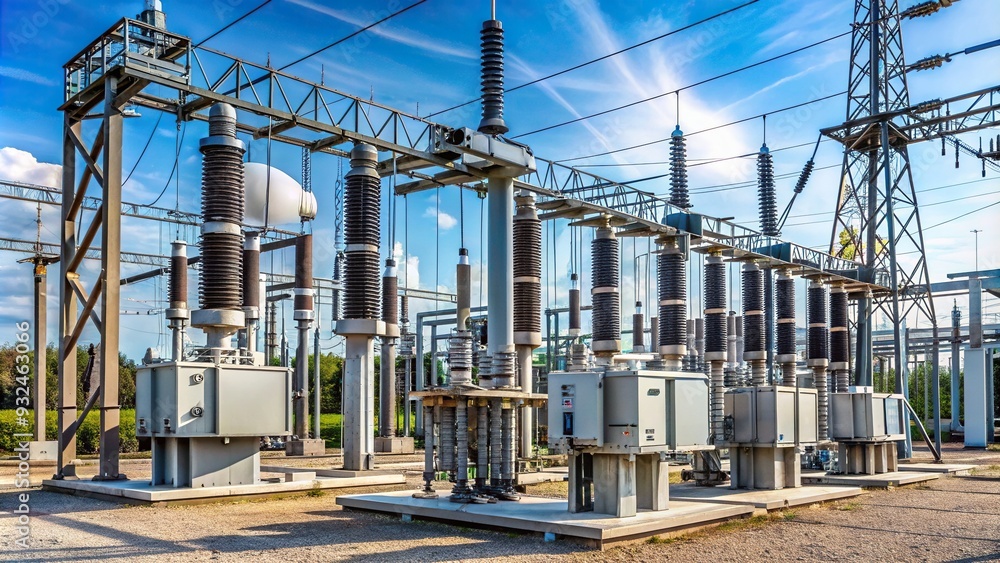 A stock photo showcasing a substation with switchgear and transmission ...