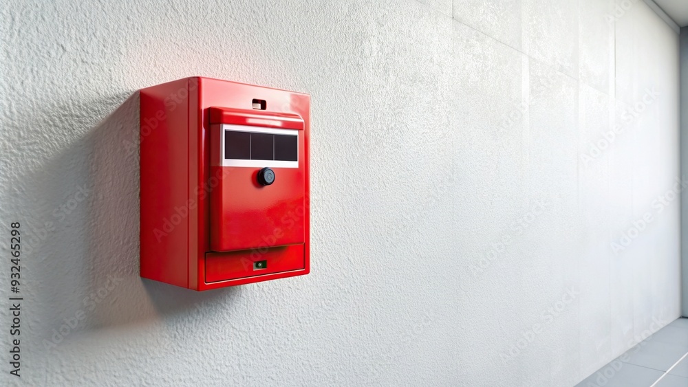 Fire alarm switch box mounted on a white wall in a commercial building ...