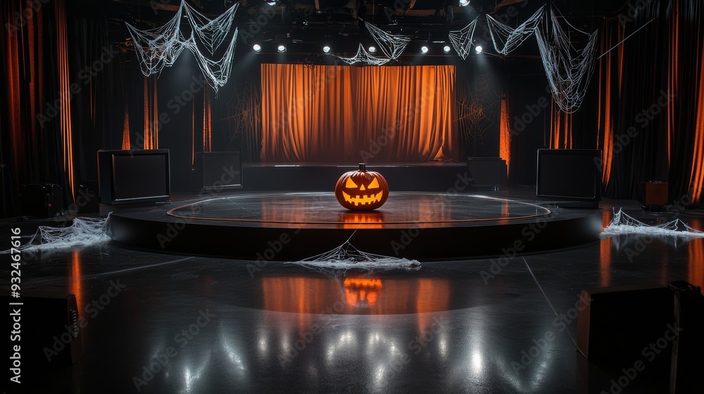 The stage is set for Halloween, with dim lighting, cobwebs, and a ...