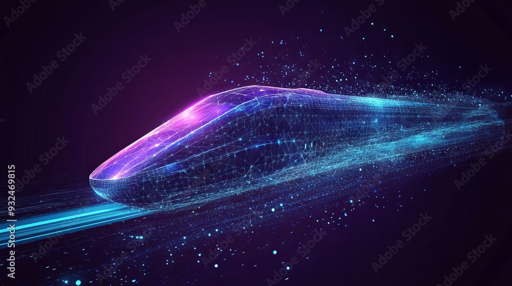 Digital low poly wireframe of futuristic high-speed train. Future logistics, modern technology ...