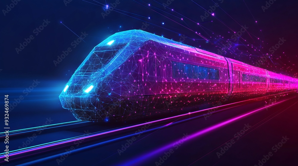 Digital low poly wireframe of futuristic high-speed train. Future logistics, modern technology ...