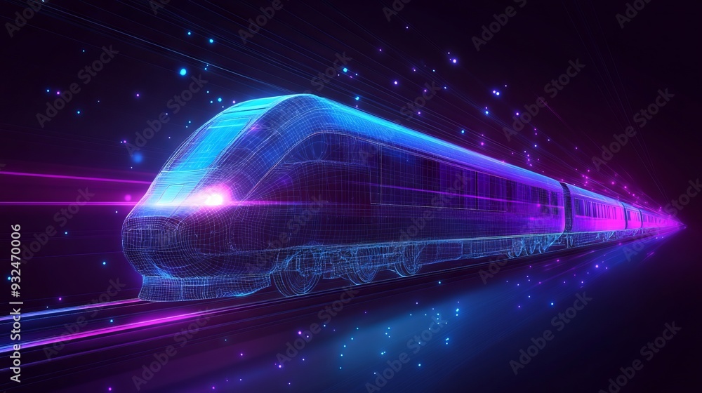 Digital low poly wireframe of futuristic high-speed train. Future logistics, modern technology ...