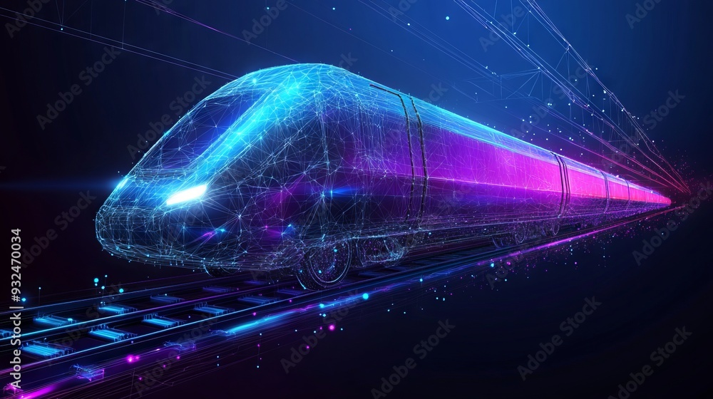 Digital low poly wireframe of futuristic high-speed train. Future logistics, modern technology ...