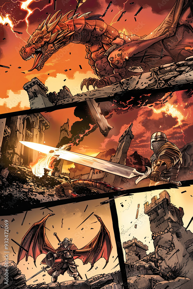 Comic strip showing a knight raising his sword to face a dragon’s fiery ...