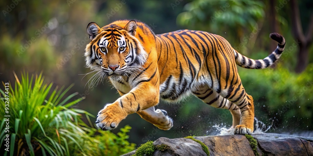 Dynamic image of a Bengal tiger mid-pounce while hunting, Bengal tiger ...