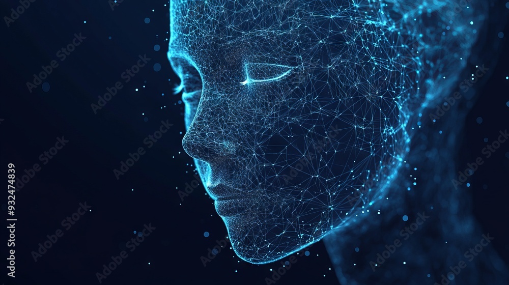 Face recognition low poly wireframe banner vector template. Futuristic ...