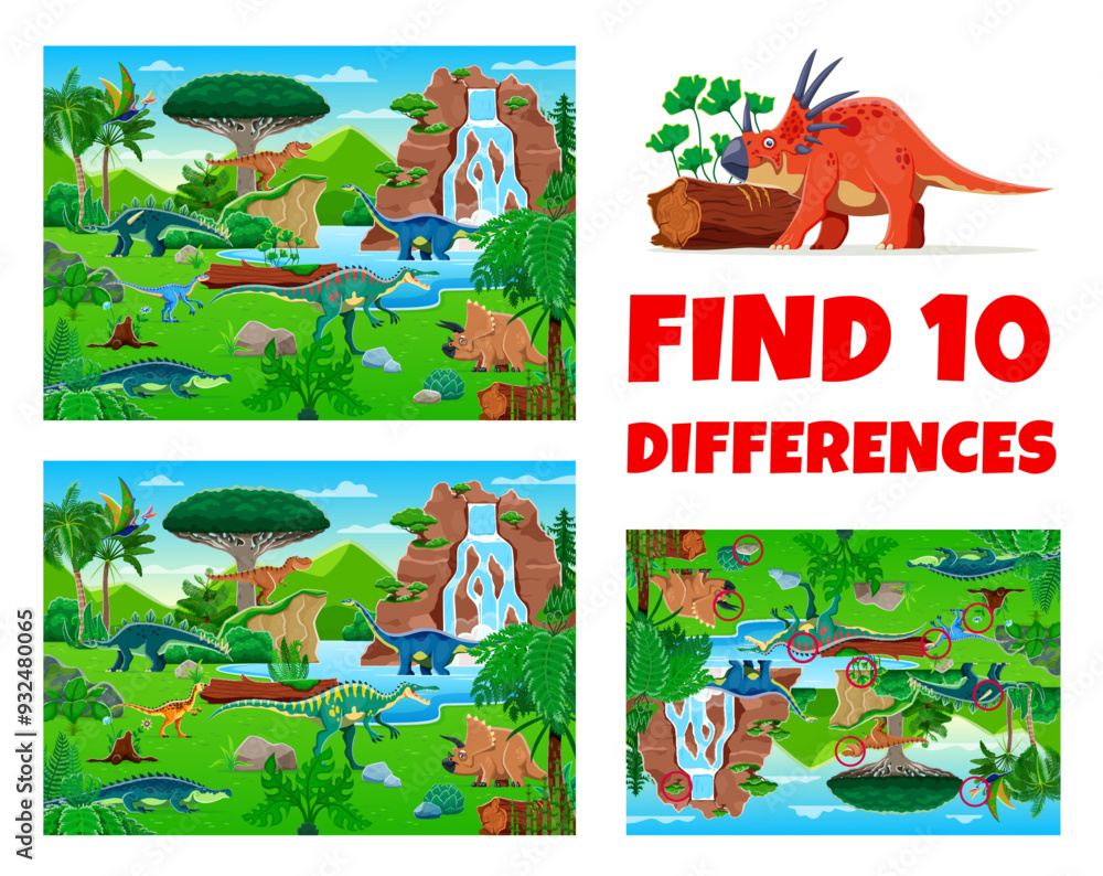 Kids game, find ten differences between prehistoric dinosaurs. Cartoon ...
