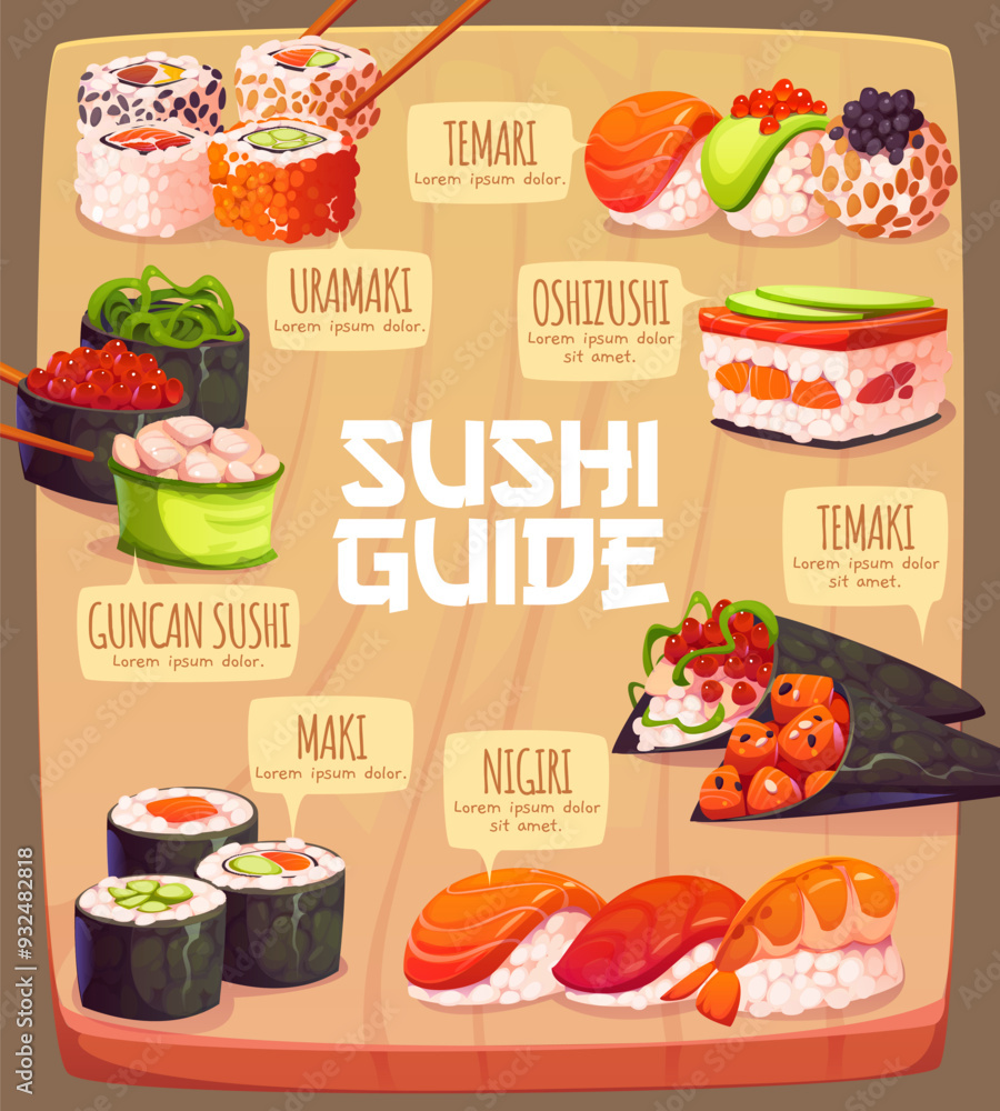 Cartoon Japanese cuisine sushi menu guide. Colorful vector page ...