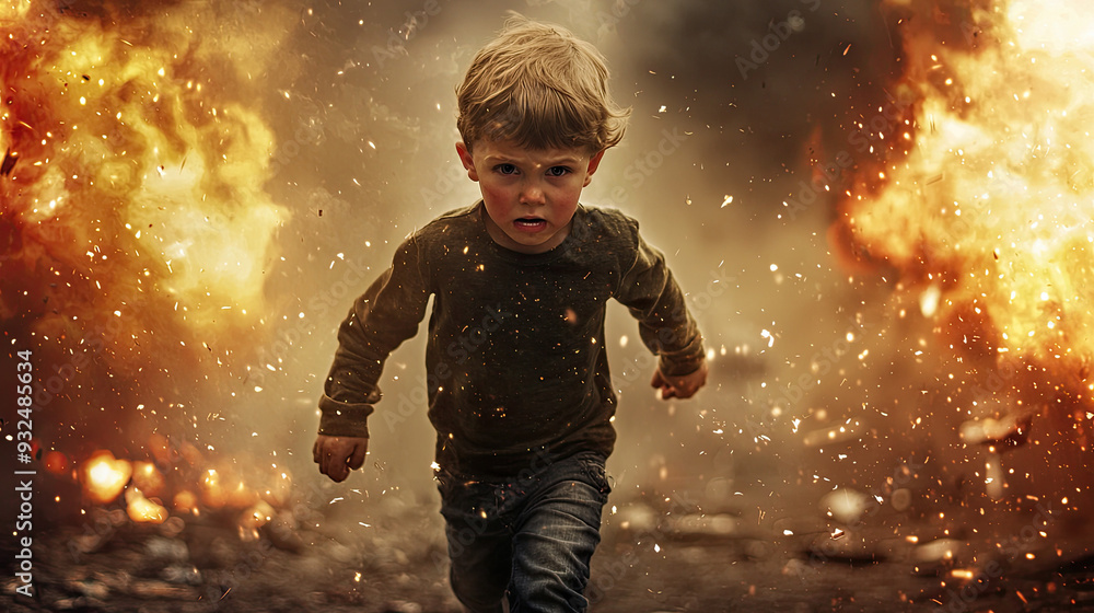Scared and Terrified Innocent Young Boy Running Away from an Airstrike ...