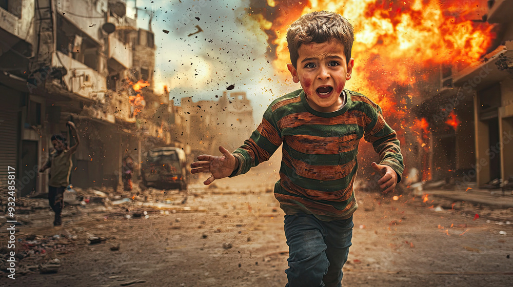Scared and Terrified Innocent Young Boy Running Away from an Airstrike ...