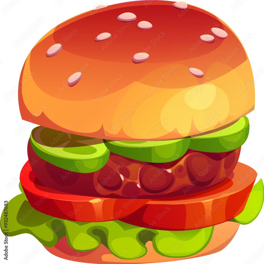 Cartoon fast food burger, classic hamburger with meat and vegetables ...