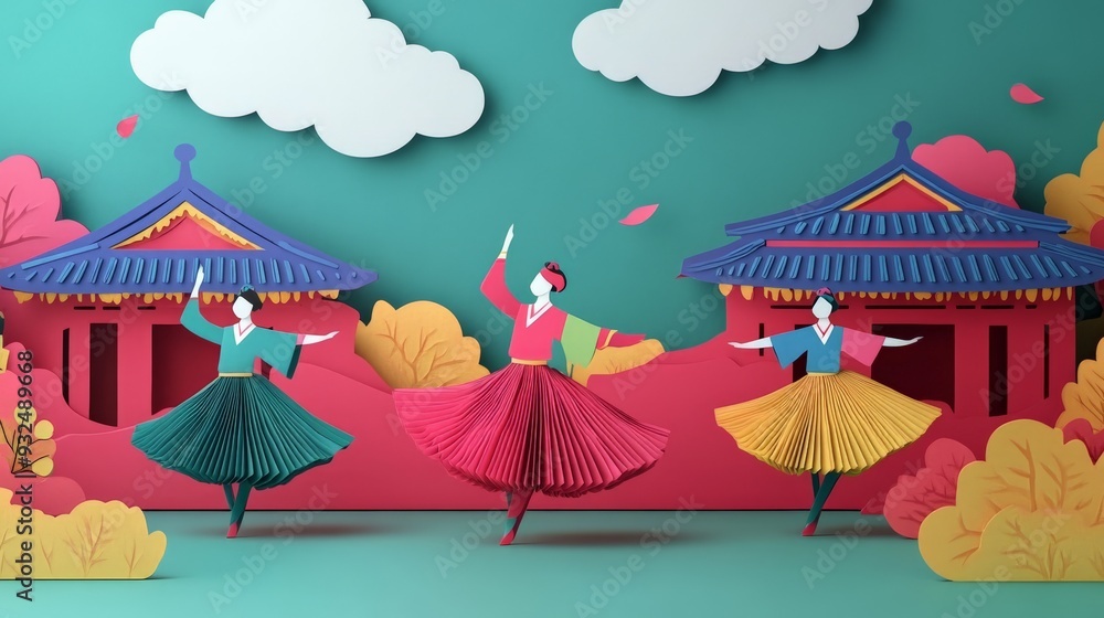 Colorful paper art of dancers in traditional attire with scenic ...