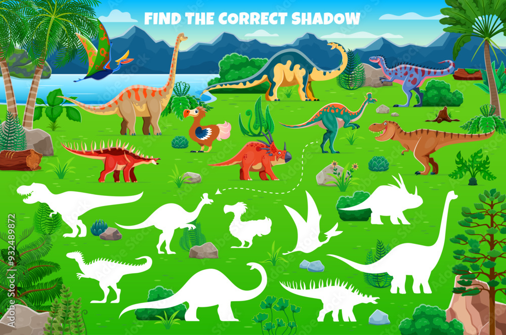 Kids game worksheet, find the correct shadow of prehistoric dinosaur ...