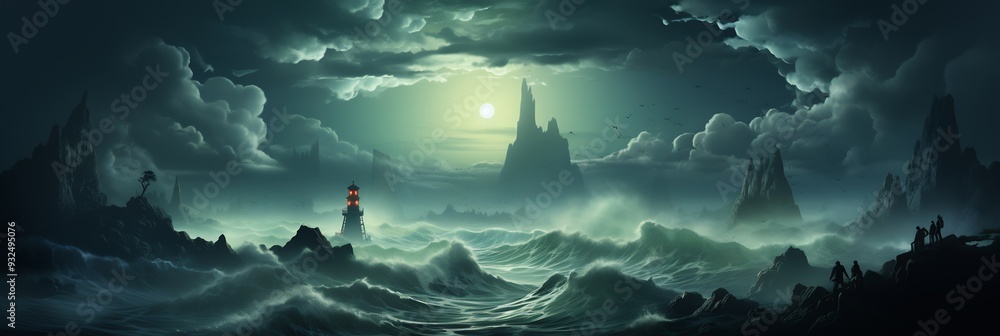 Halloween card depicting haunted lighthouse foggy cliff 3D ghostly ...