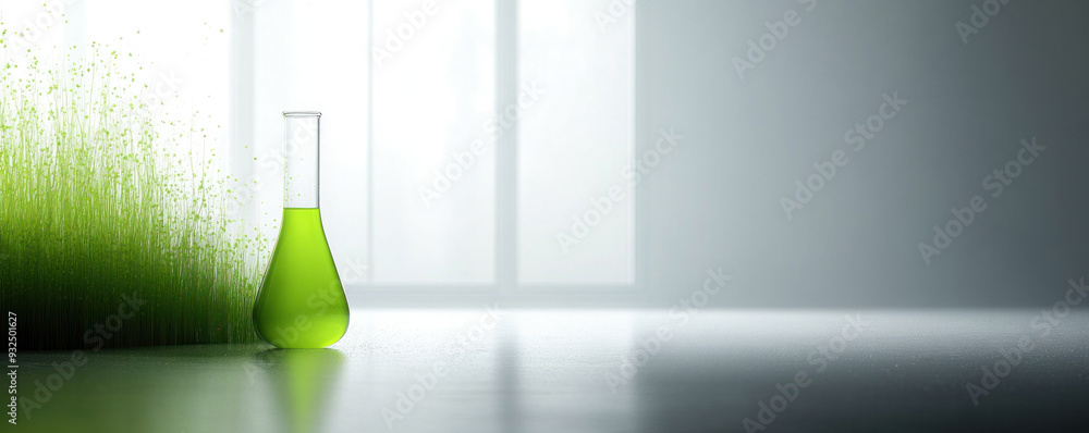 A green liquid in a glass beaker sits on a table. The beaker is ...