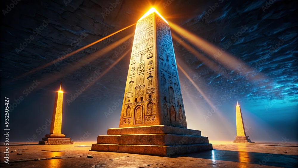 Illuminated ancient Egyptian obelisk with glowing hieroglyphic ...