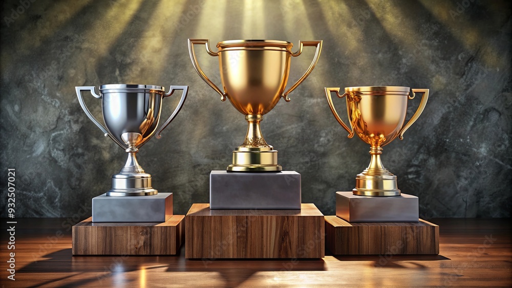 Podium setup with gold, silver, and bronze trophies for an award ...