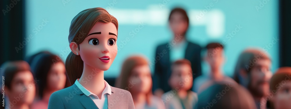 3D Cartoon Business Conference Animated Female Tech CEO Speaking With ...
