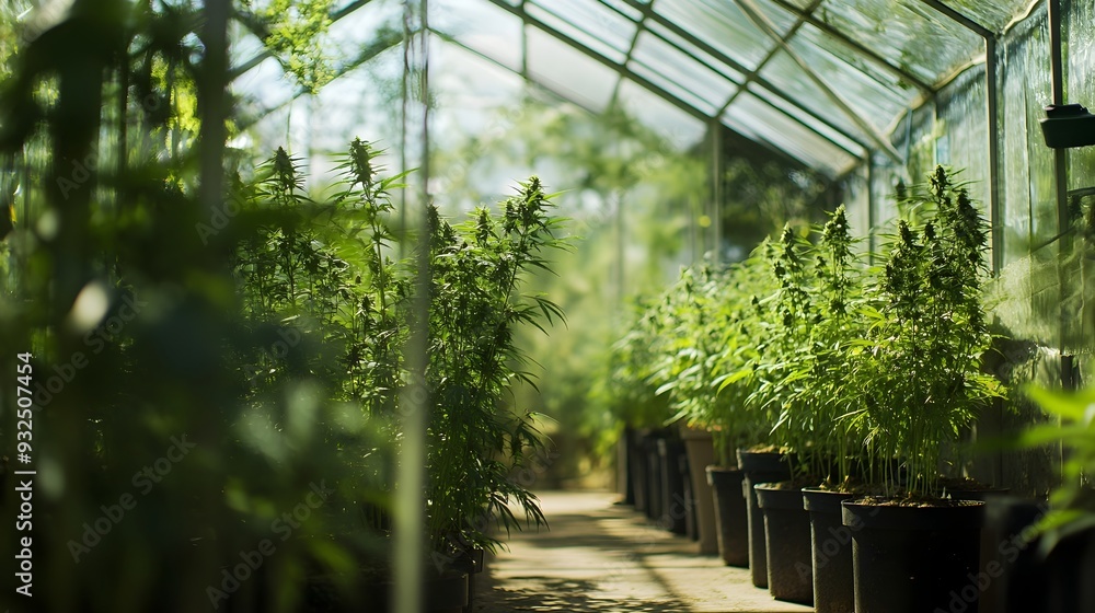 A photograph of a modern greenhouse filled with tall thriving hemp ...