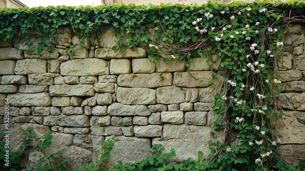 Creeping pastel green vines with small flowers cover a weathered stone ...