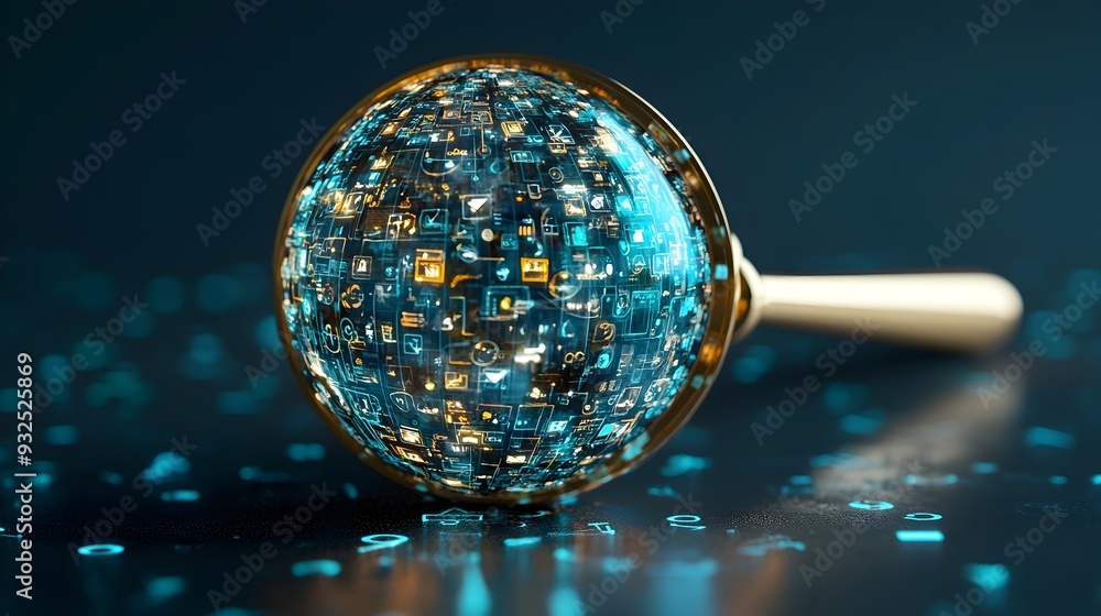3D Magnifying Glass Dissecting Digital Sphere with Icons for ...