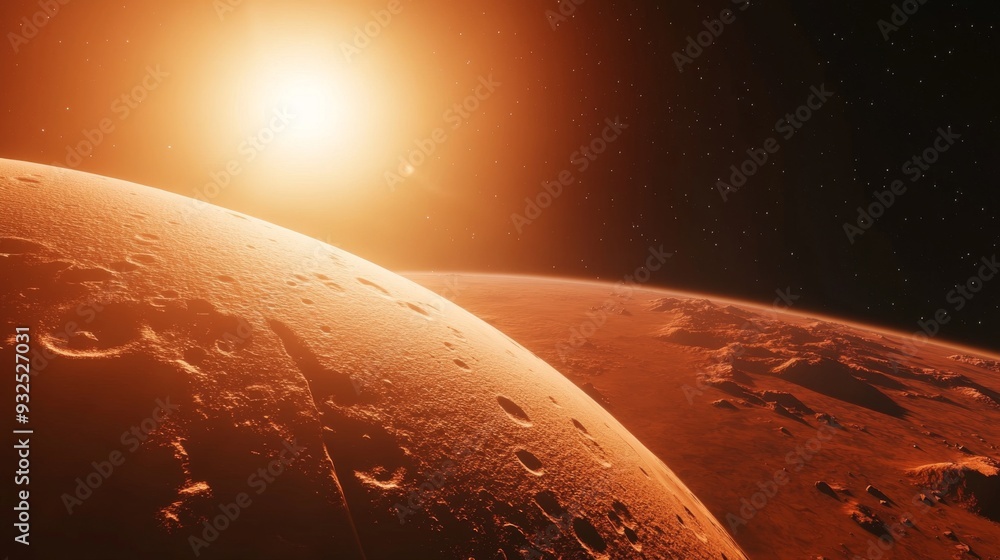 Mars Red surface of Mars with dusty terrain, impact craters and rugged ...