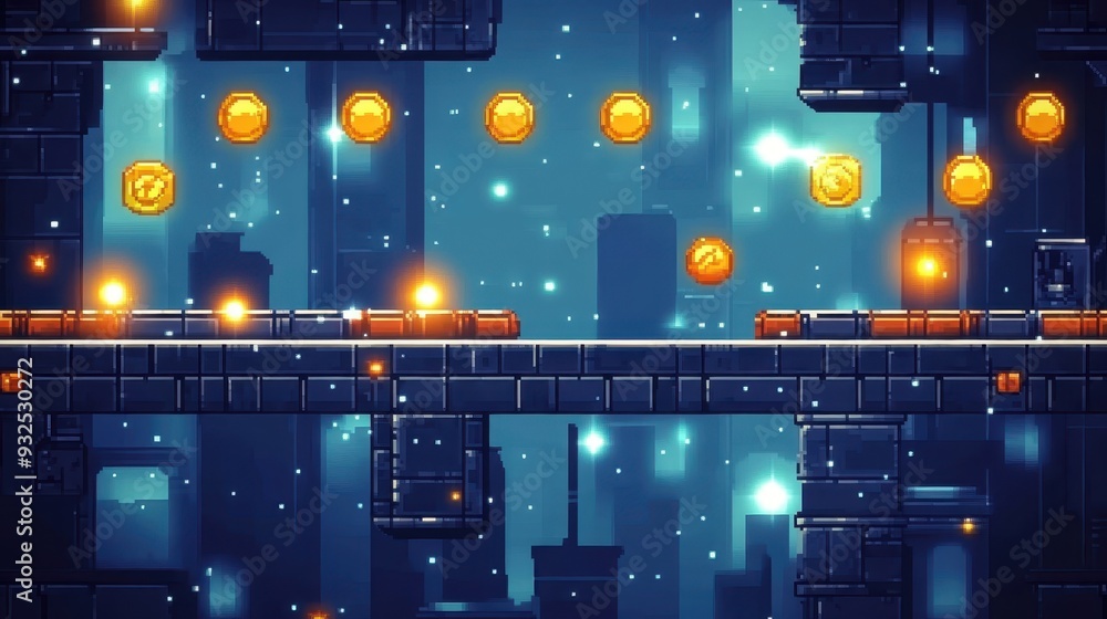 platformer video game level, industrial theme, blue and grey metallic ...