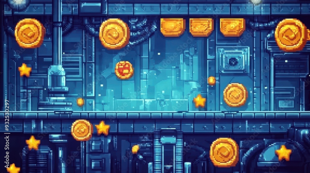 platformer video game level, industrial theme, blue and grey metallic ...