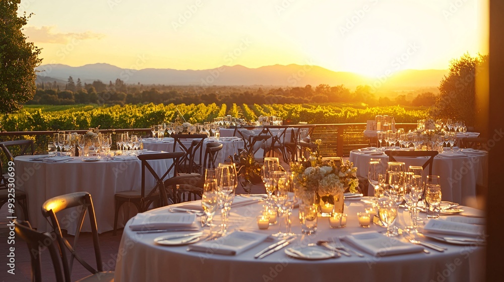 An elegant wedding reception on a terrace overlooking a vineyard at ...