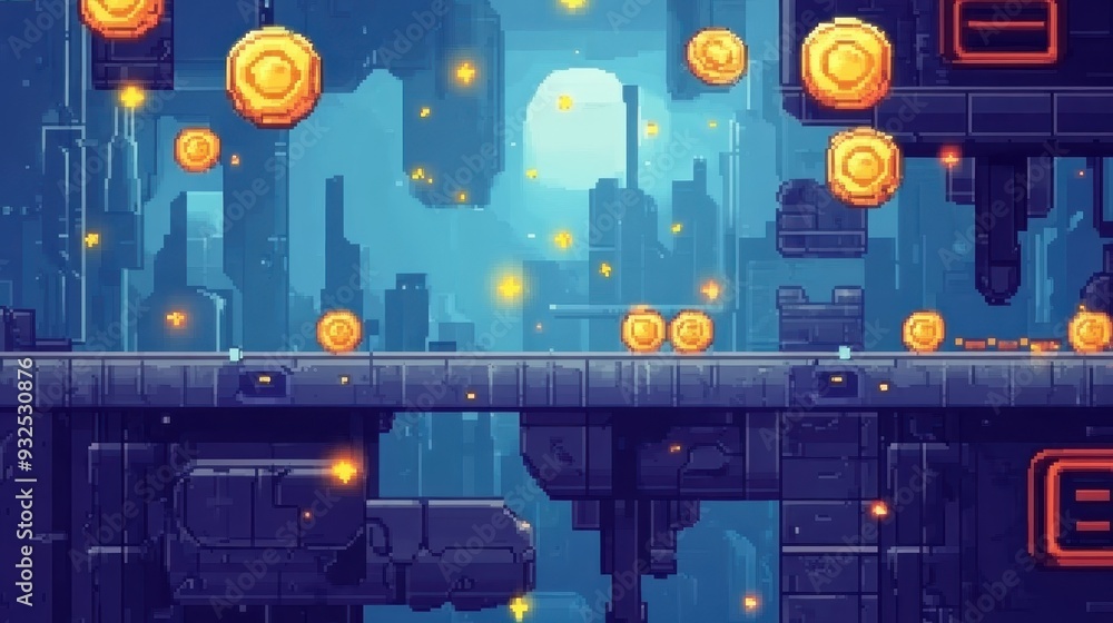 platformer video game level, industrial theme, blue and grey metallic ...
