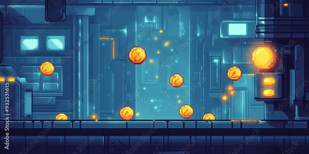 platformer video game level, industrial theme, blue and grey metallic ...