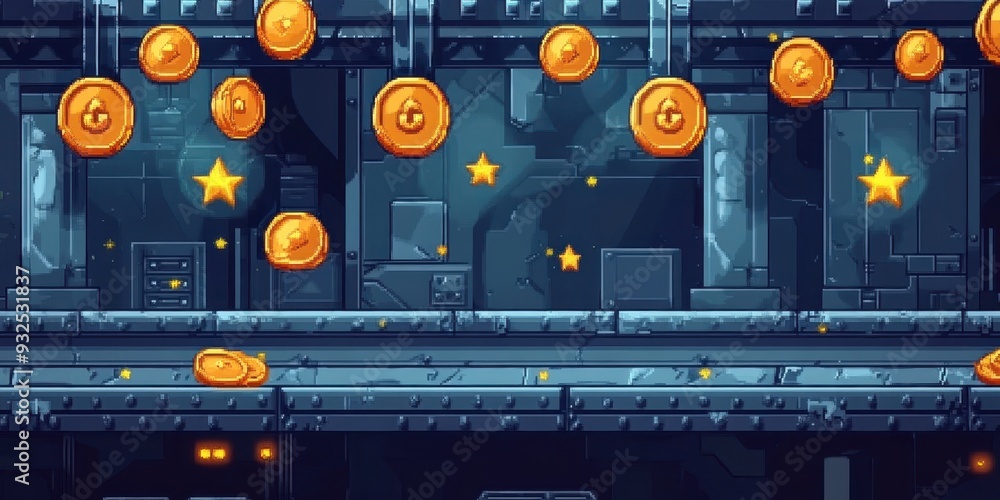 platformer video game level, industrial theme, blue and grey metallic ...