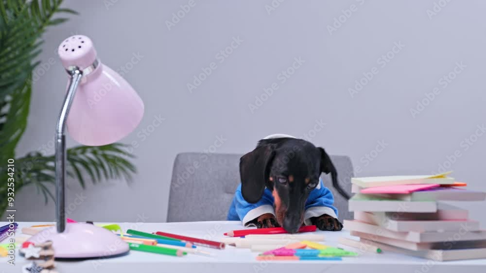 Playful dachshund dog in school uniform sits at desk, follows handler ...
