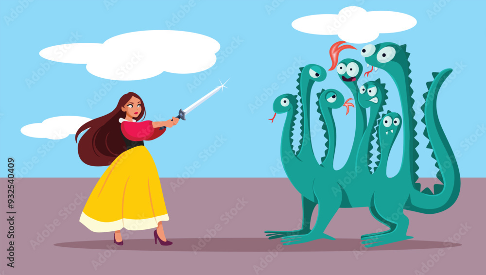 Fearless Princess Fighting with Sword Against Evil Dragon Vector ...