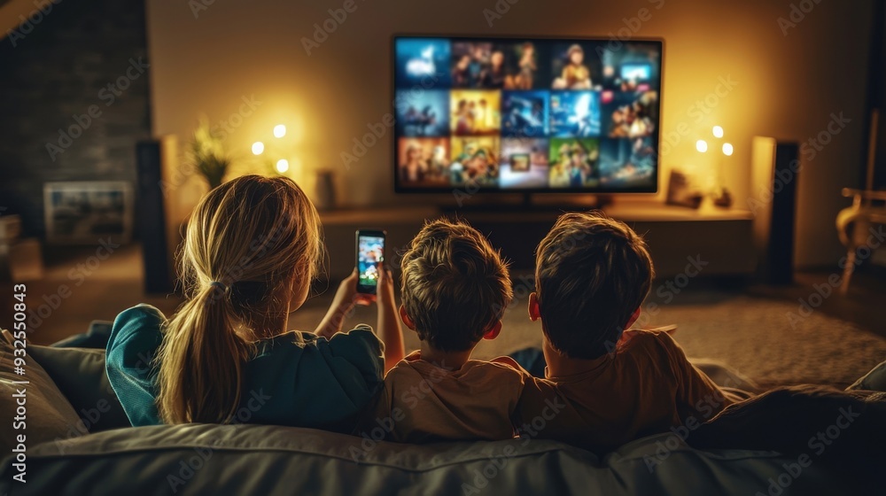 Foto de A modern family streaming video on a large smart TV in a cozy ...