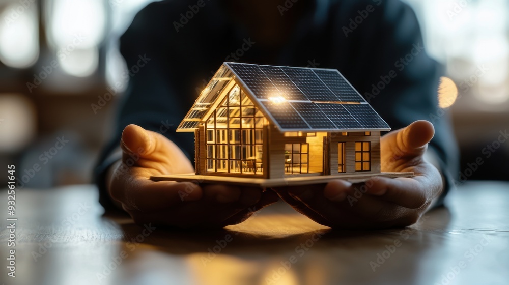 Detailed extreme close-up of a boy is hands holding a modern solar cell ...